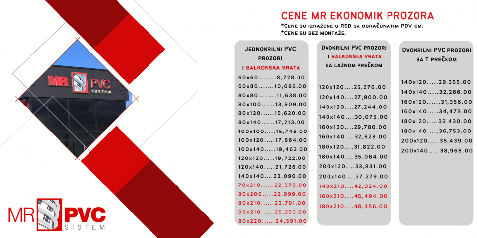 Cenovnik standardnih dimenzija PVC stolarije - MR PVC Sistem